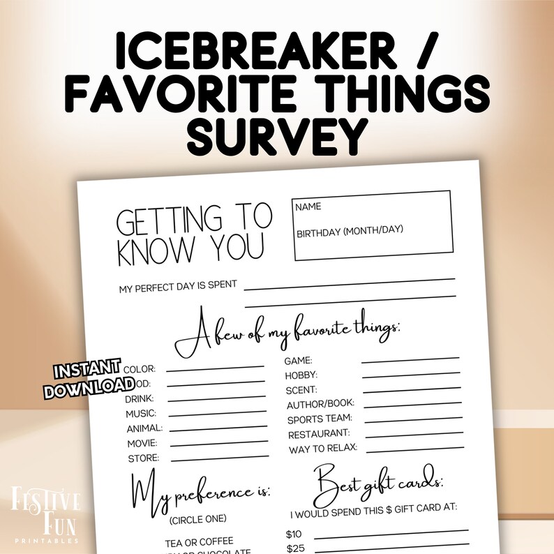 Favorite Things Questionnaire, Favorites List Survey for Employee ...