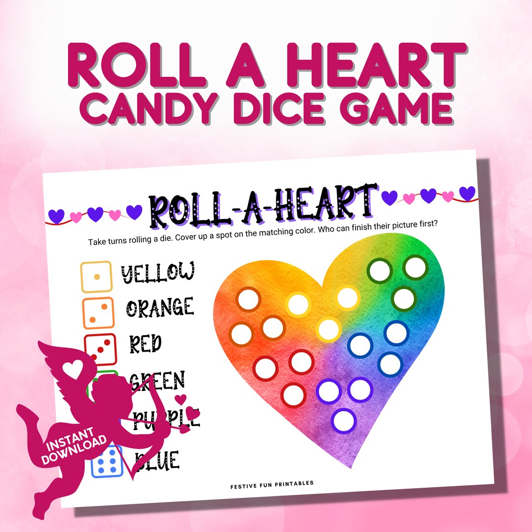 Roll a Heart Candy Dice Game, Happy Valentines Day Printable Game for ...