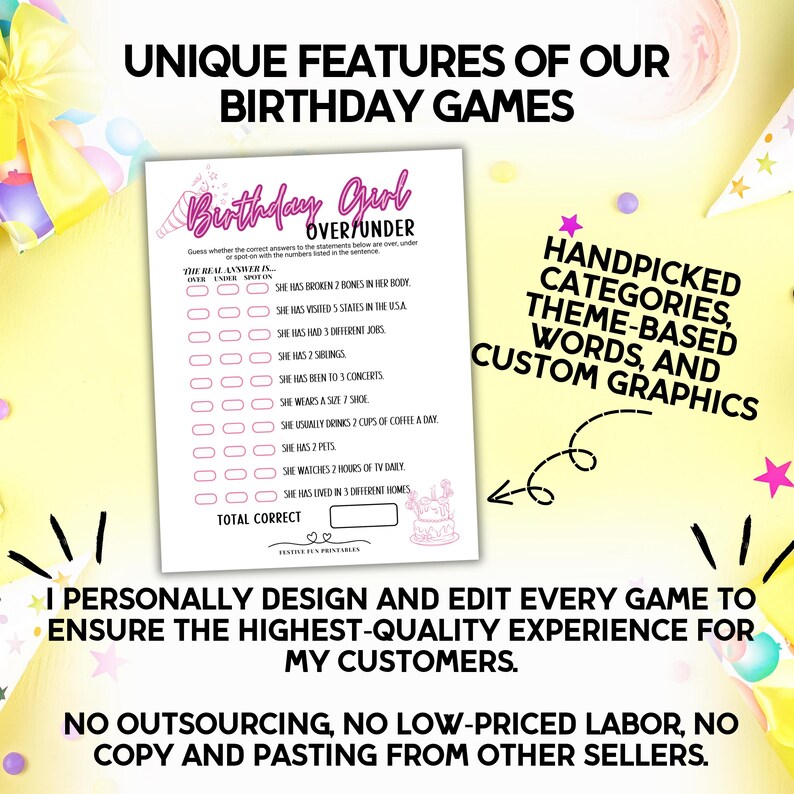Birthday Girl Over Under Trivia Game, Fun Printable Higher Lower Quiz ...