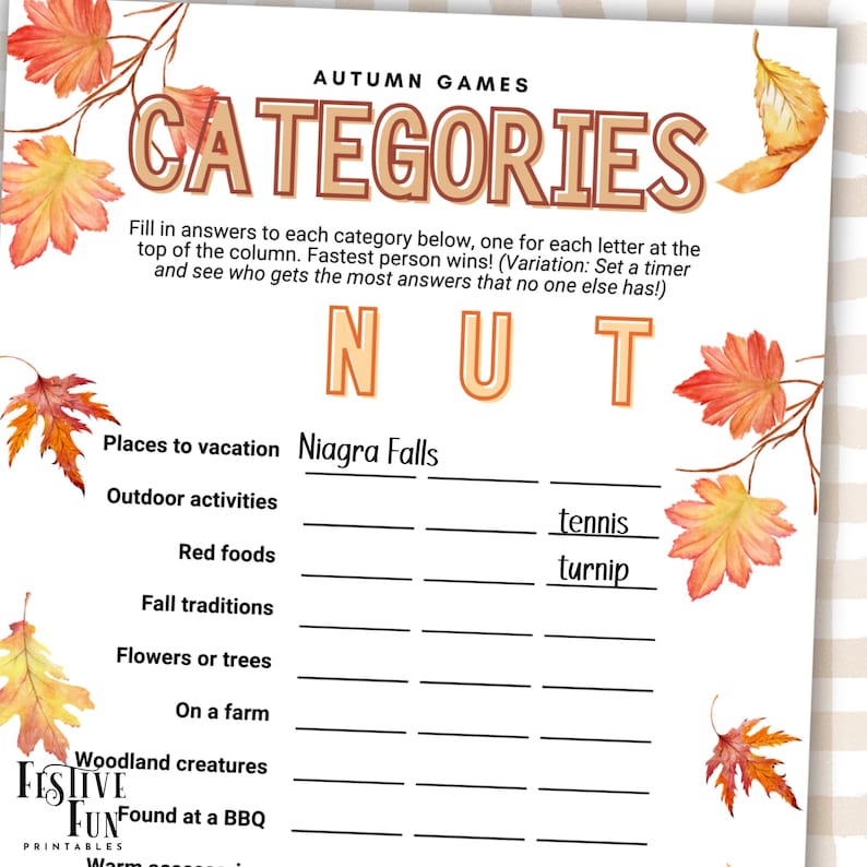 Autumn Scattered Categories Games, Printable Trivia Activity for Fall ...