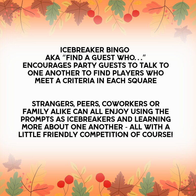 Friendsgiving Icebreaker Bingo Printable Game Card, Thanksgiving Mix ...
