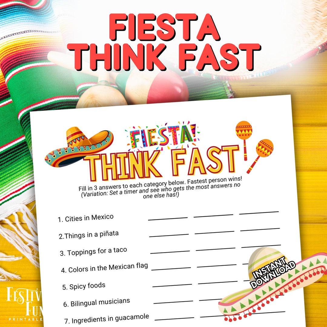 Fiesta Think Fast Printable Game, Mexican Theme Party Activity for Kids ...
