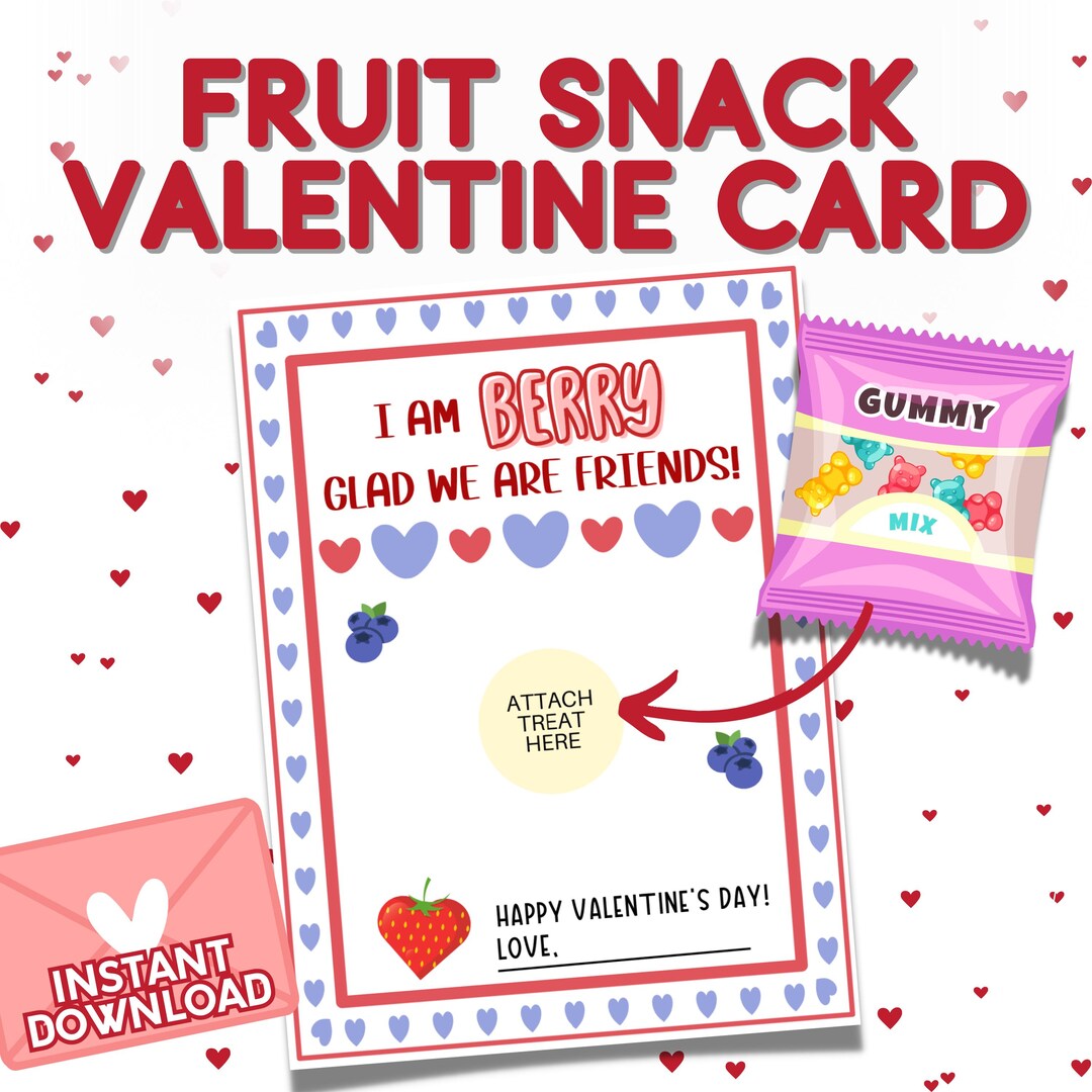 Fruit Snack Valentine's Day Printable Cards, Preschool Daycare Berry ...