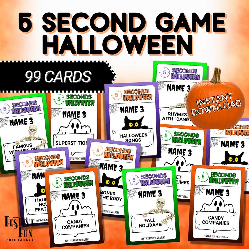 Halloween Five Second Game Printable, Name Three in 5 Seconds, Quick ...