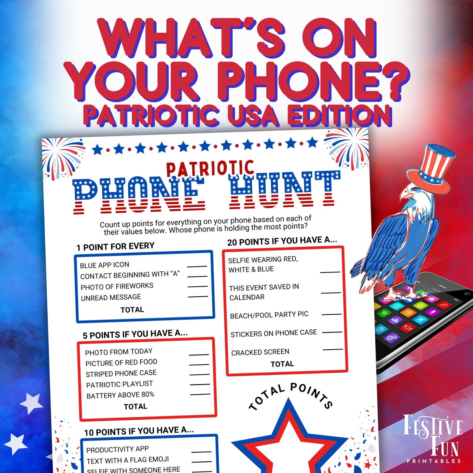 Patriotic What's on Your Phone Scavenger Hunt Game, USA Patriotic ...