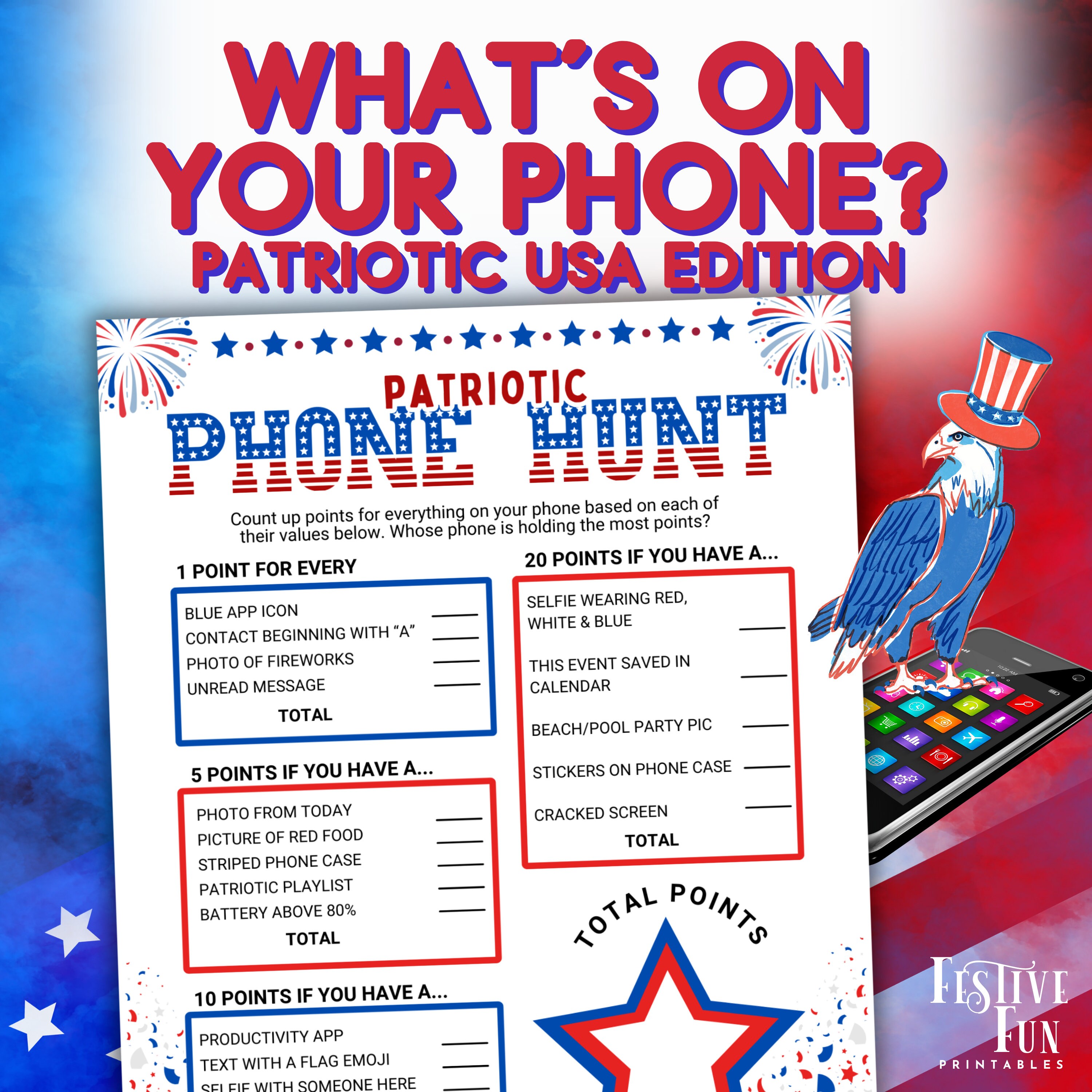 Patriotic What's on Your Phone Scavenger Hunt Game, USA Patriotic ...
