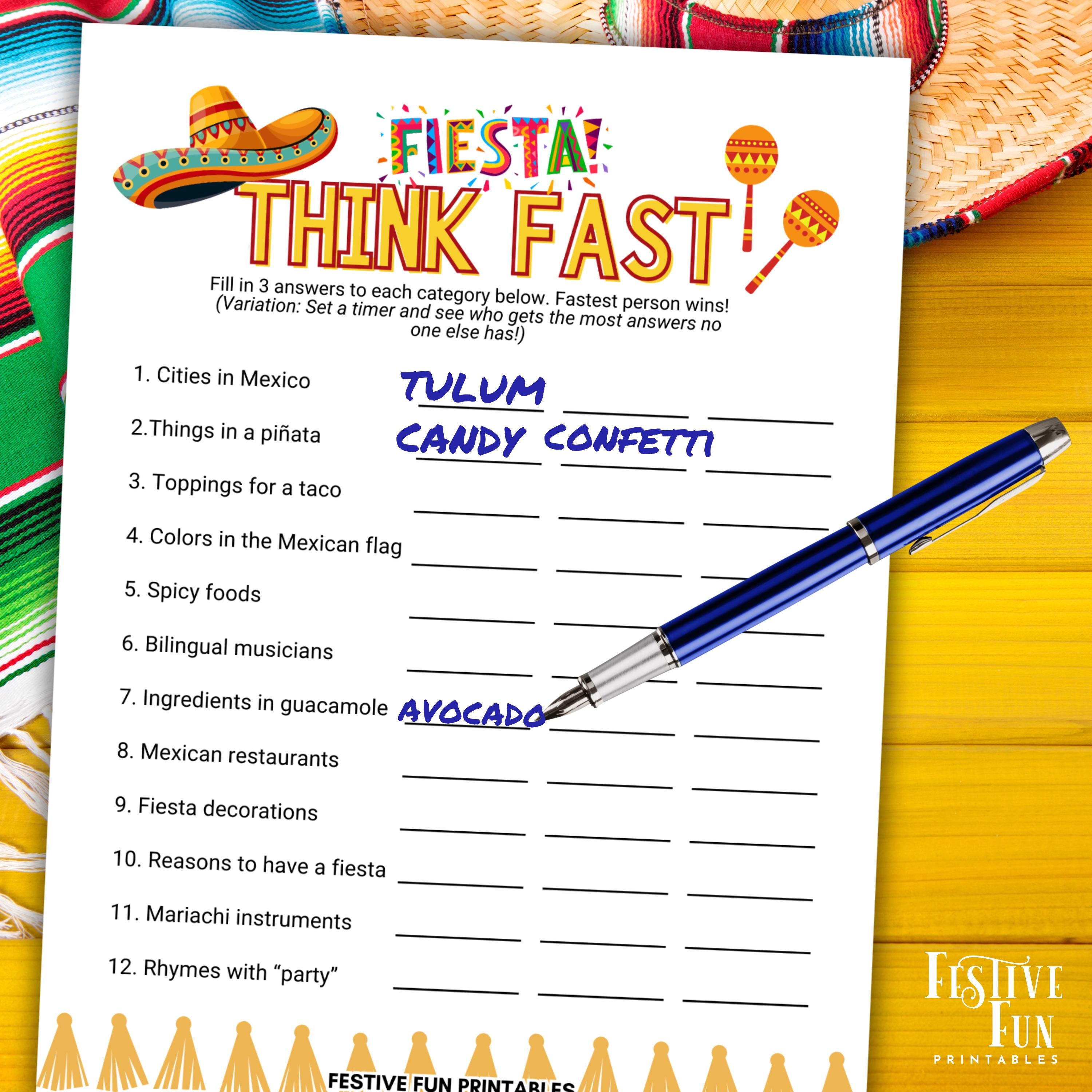 Fiesta Think Fast Printable Game, Mexican Theme Party Activity for Kids ...