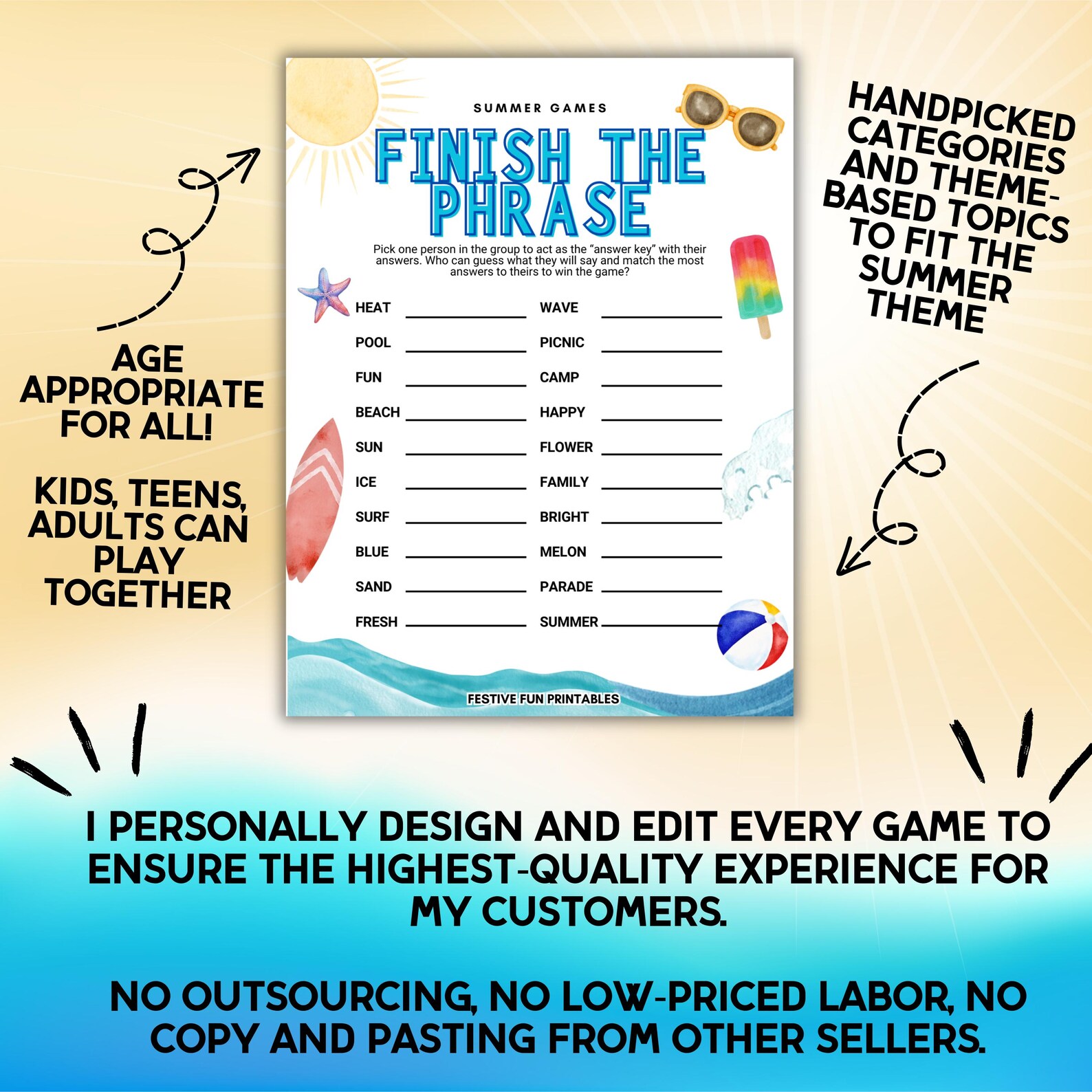 Finish the Phrase Summer Party Game, Mix and Mingle Friends or Family ...
