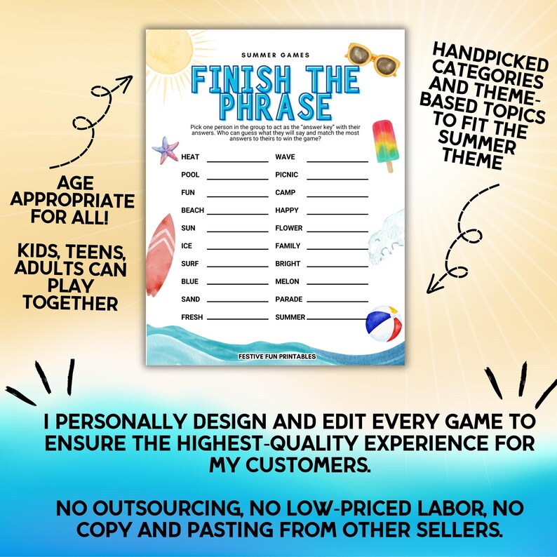 Finish the Phrase Summer Party Game, Mix and Mingle Friends or Family ...