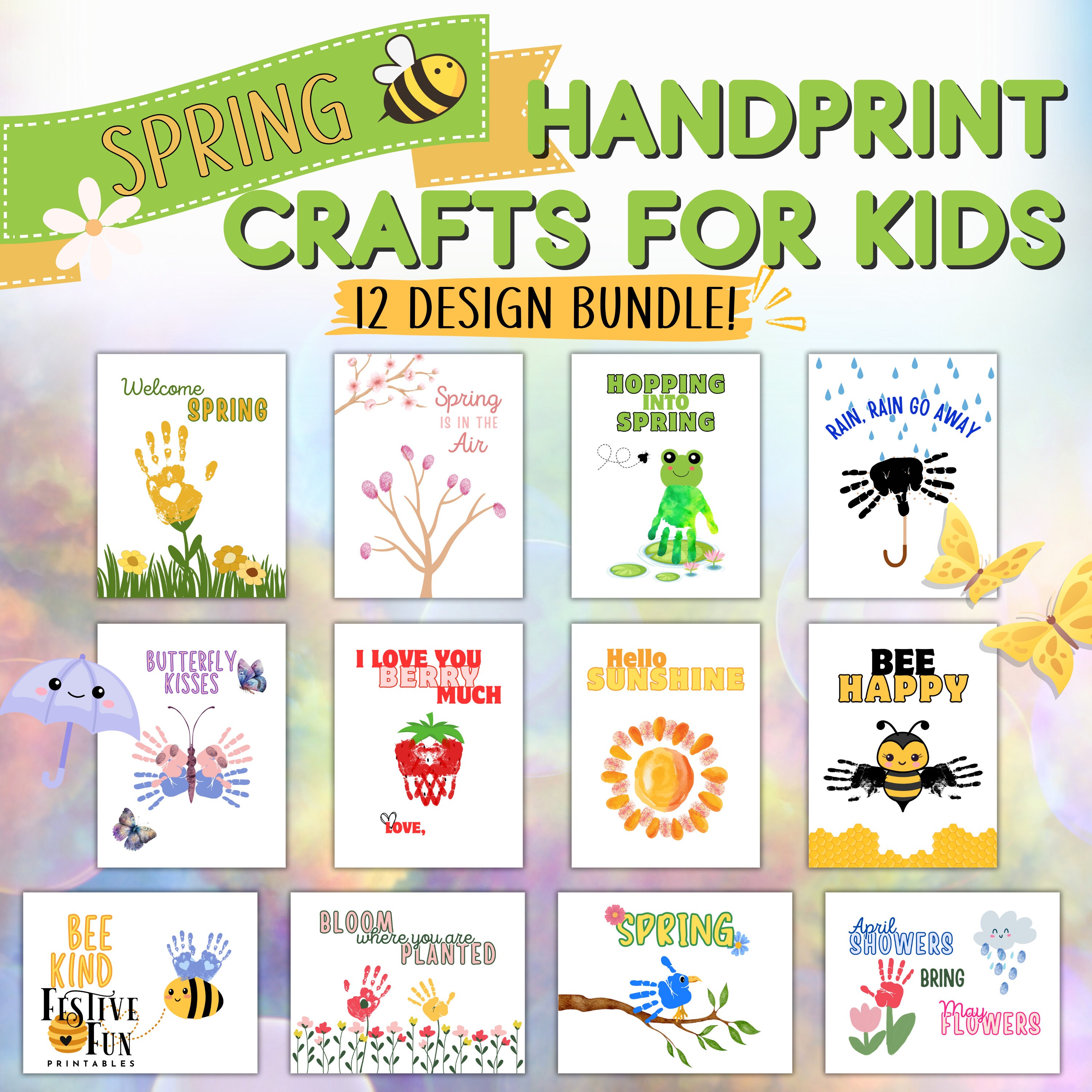 Spring Handprint Crafts for Kids, 12 Printable DIY Fingerprint Art ...