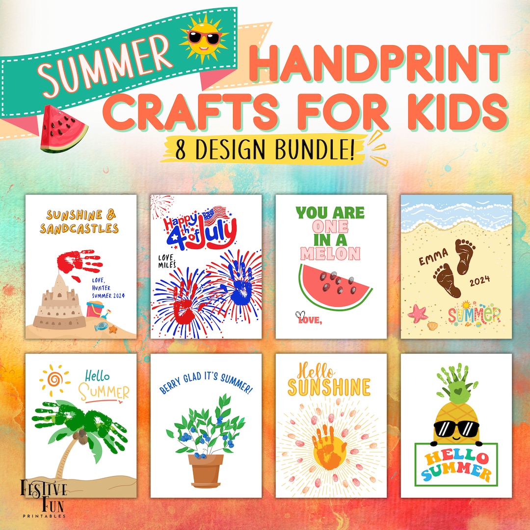 Summer Handprint Crafts for Kids, 8 Printable DIY Fingerprint Art ...