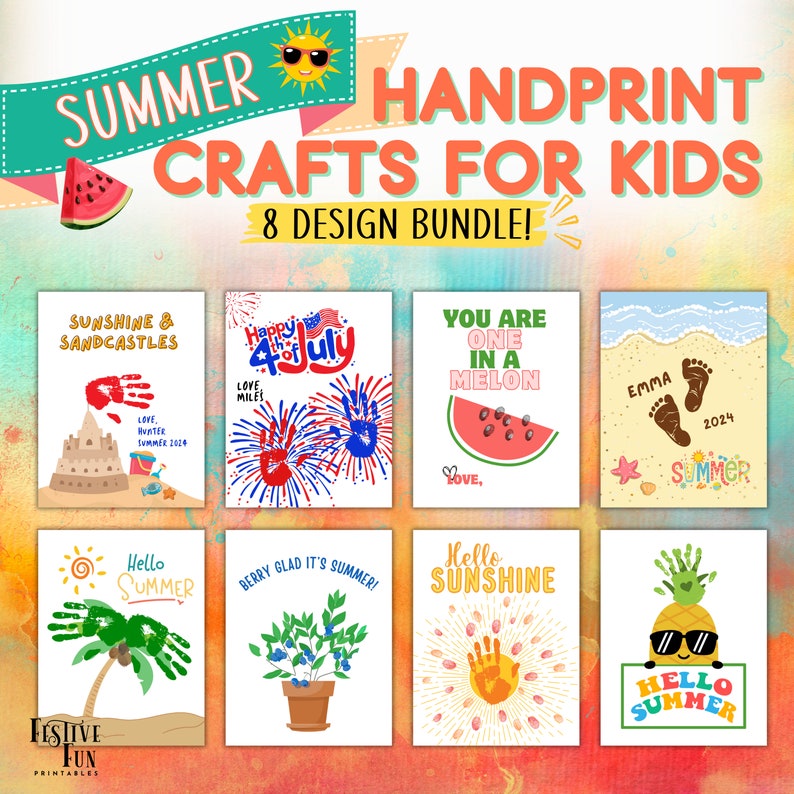 Summer Handprint Crafts for Kids, 8 Printable DIY Fingerprint Art ...
