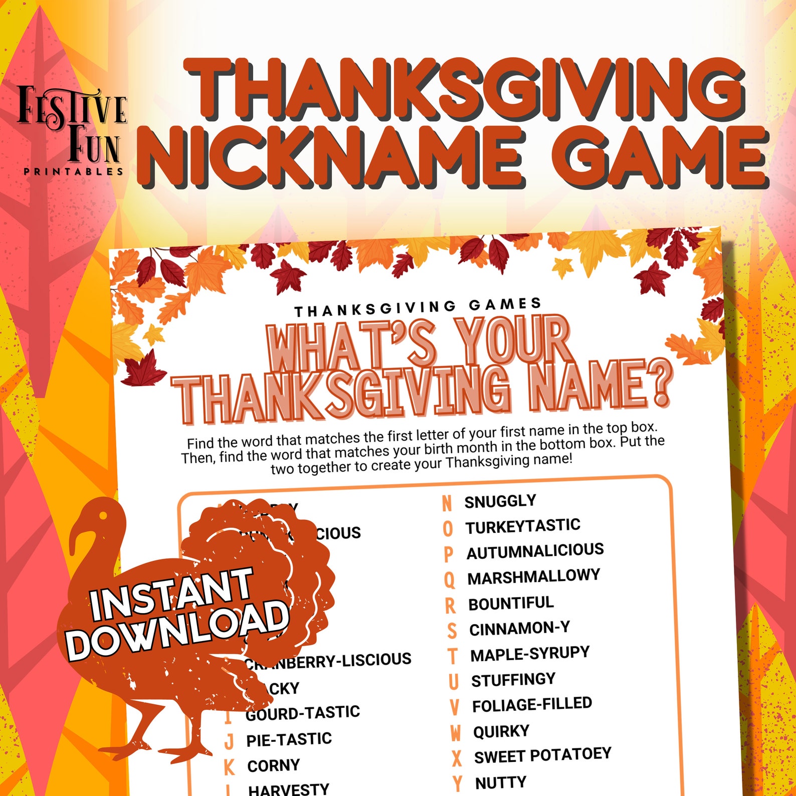 Thanksgiving Name Game Printable PDF, Fun Party Activity for Kids ...
