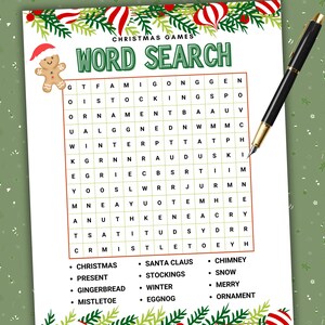 Christmas Word Search Puzzle, Printable Winter Game for Kids Teens and ...