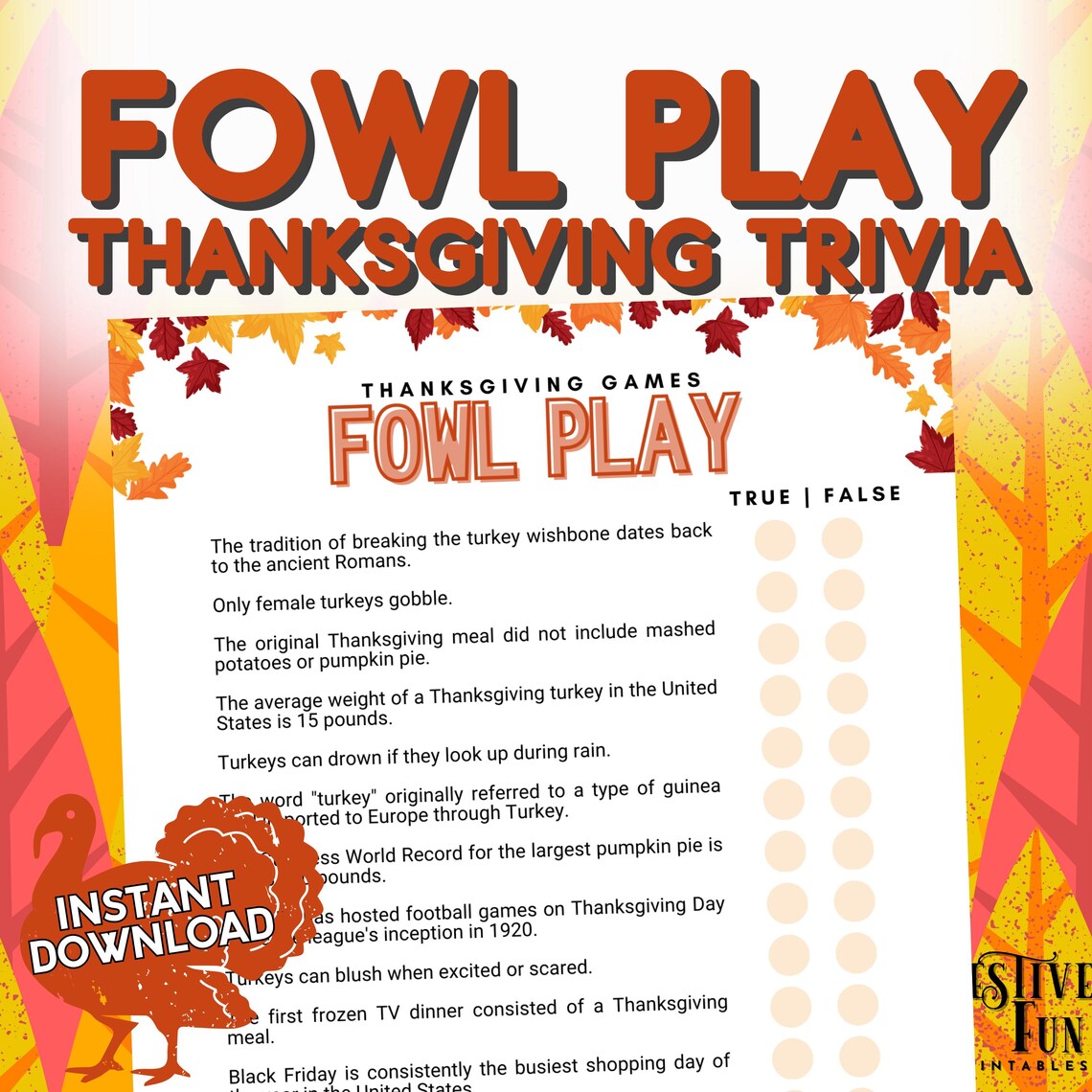 Thanksgiving Fowl Play Trivia Game, Fun Easy Friendsgiving True False ...