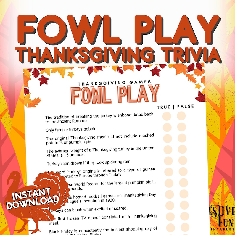 Thanksgiving Fowl Play Trivia Game, Fun Easy Friendsgiving True False ...