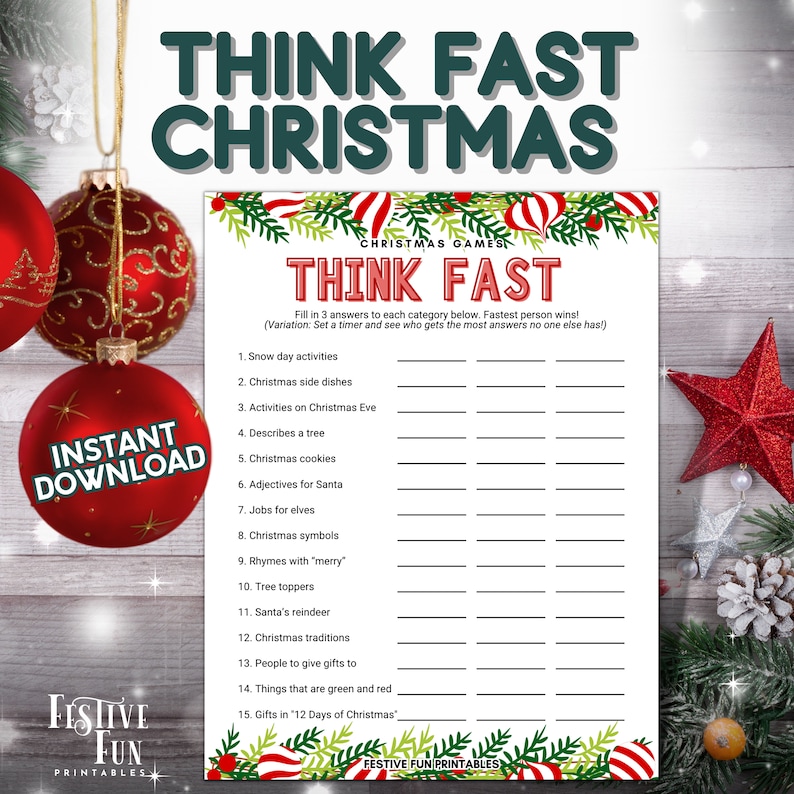 Think Fast Game Christmas Edition, Holiday Categories Name Three Race ...