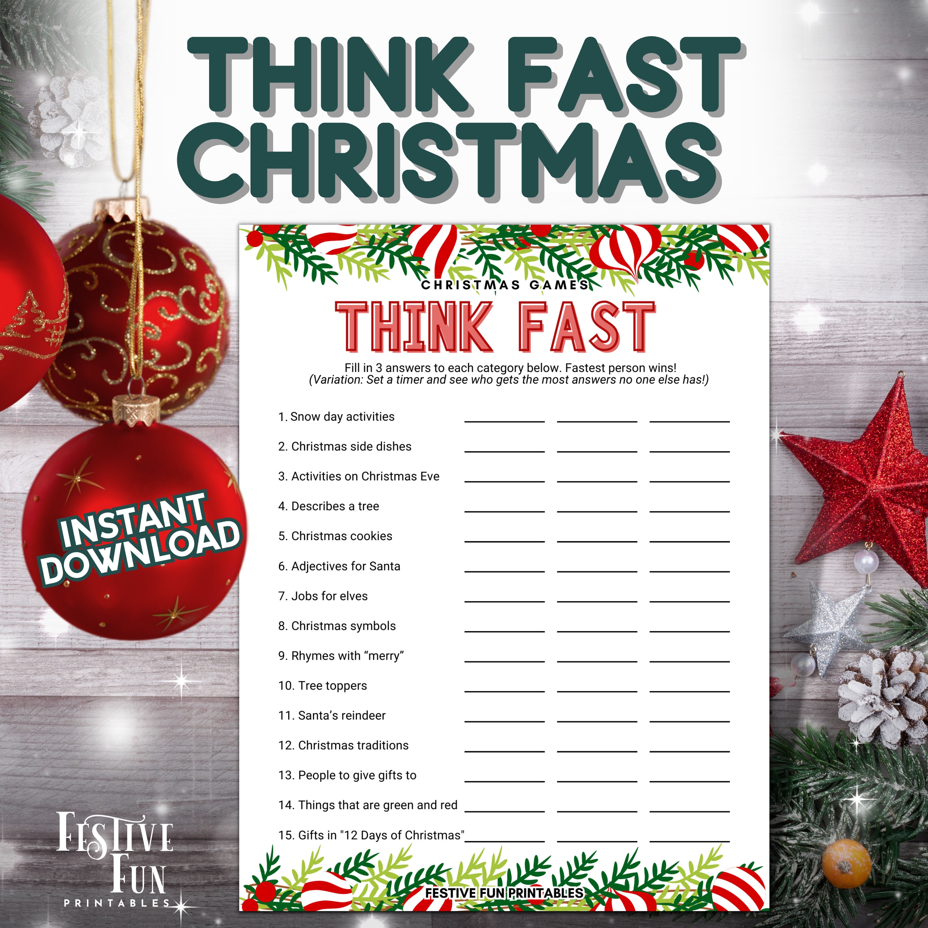 Think Fast Game Christmas Edition, Holiday Categories Name Three Race ...