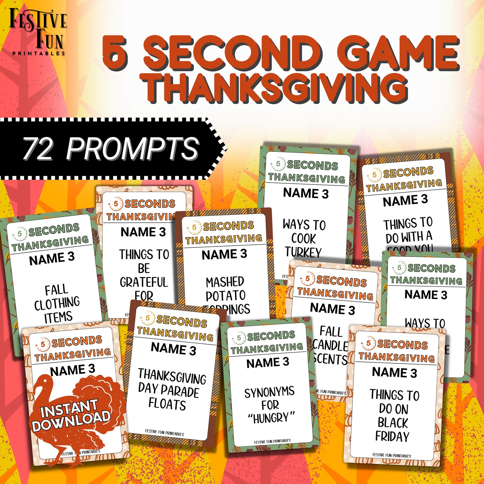Thanksgiving 5 Second Game Printable, Five Seconds to Think Fast ...