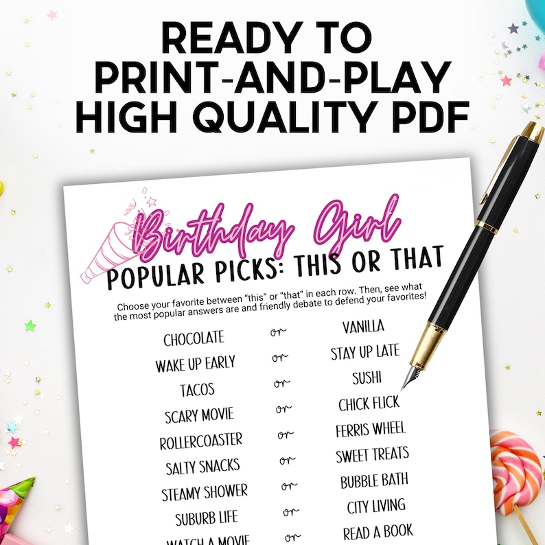 This or That Birthday Girl Game, Fun Printable Would She Rather Trivia ...