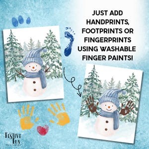 Snowman Handprint Art on a Watercolor Landscape, Printable Finger ...