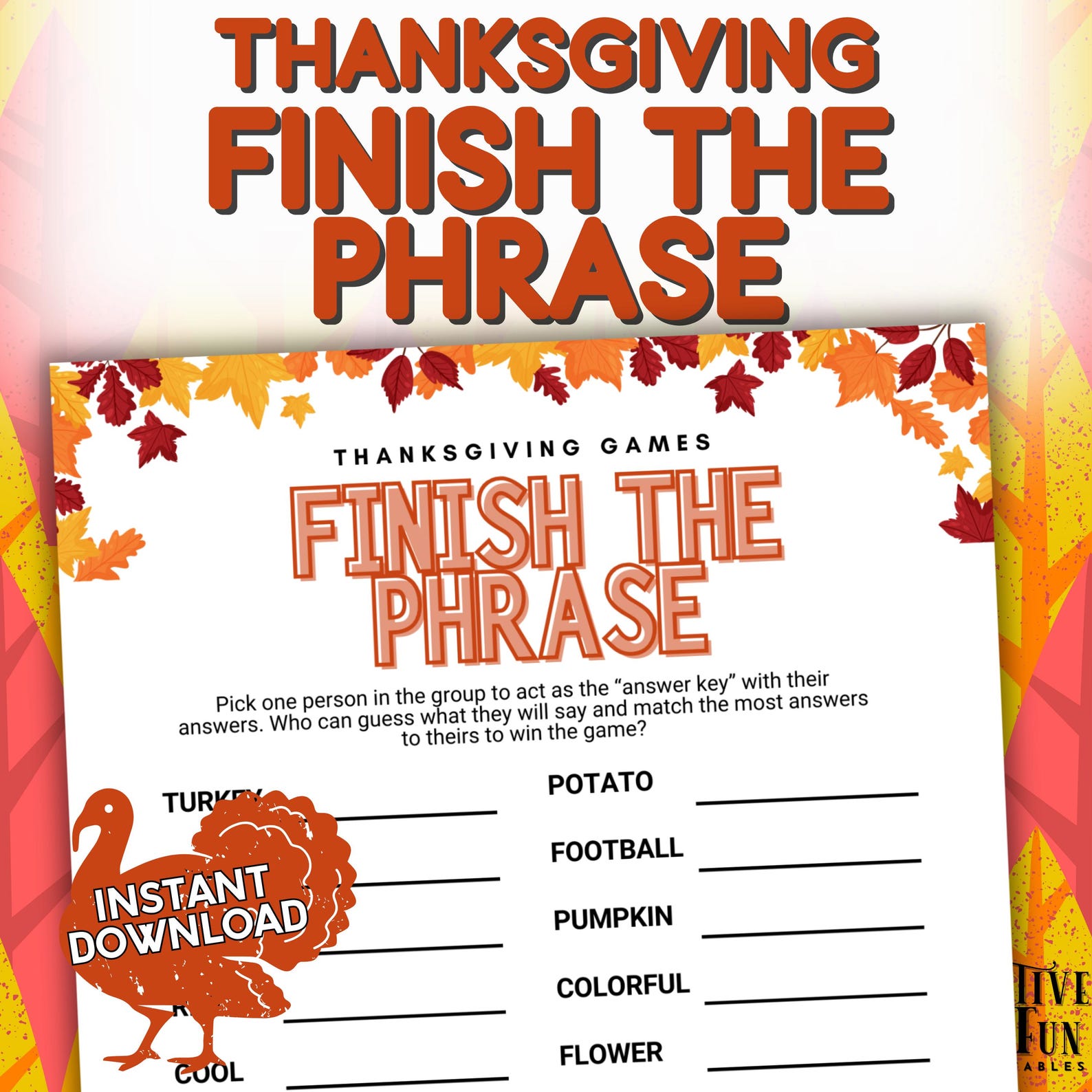 Thanksgiving Finish the Phrase Game, Fun Easy Friendsgiving Mind Match ...