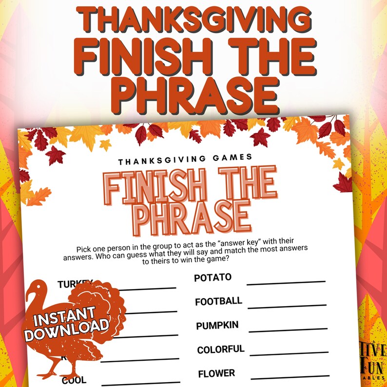 Thanksgiving Finish the Phrase Game, Fun Easy Friendsgiving Mind Match ...