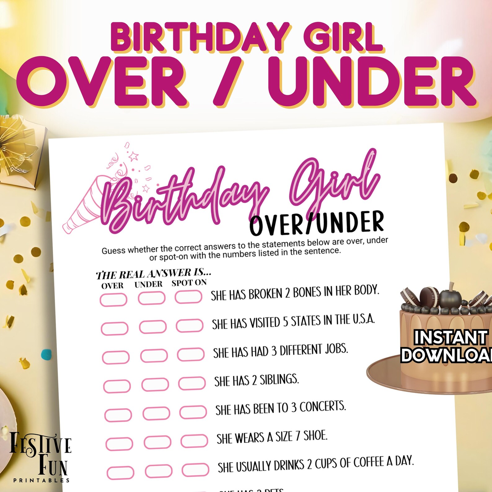 Birthday Girl Over Under Trivia Game, Fun Printable Higher Lower Quiz ...