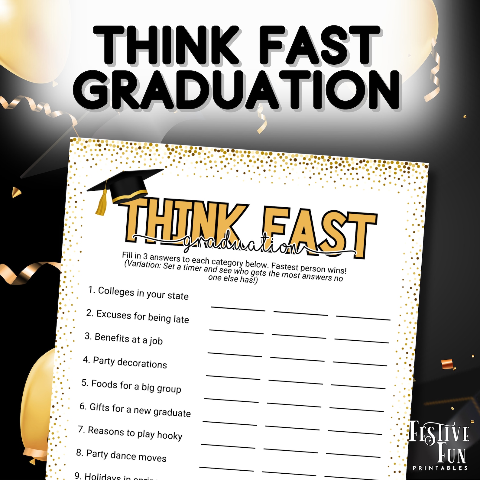 Graduation Think Fast Printable Game, Senior Night Grad Party Activity ...