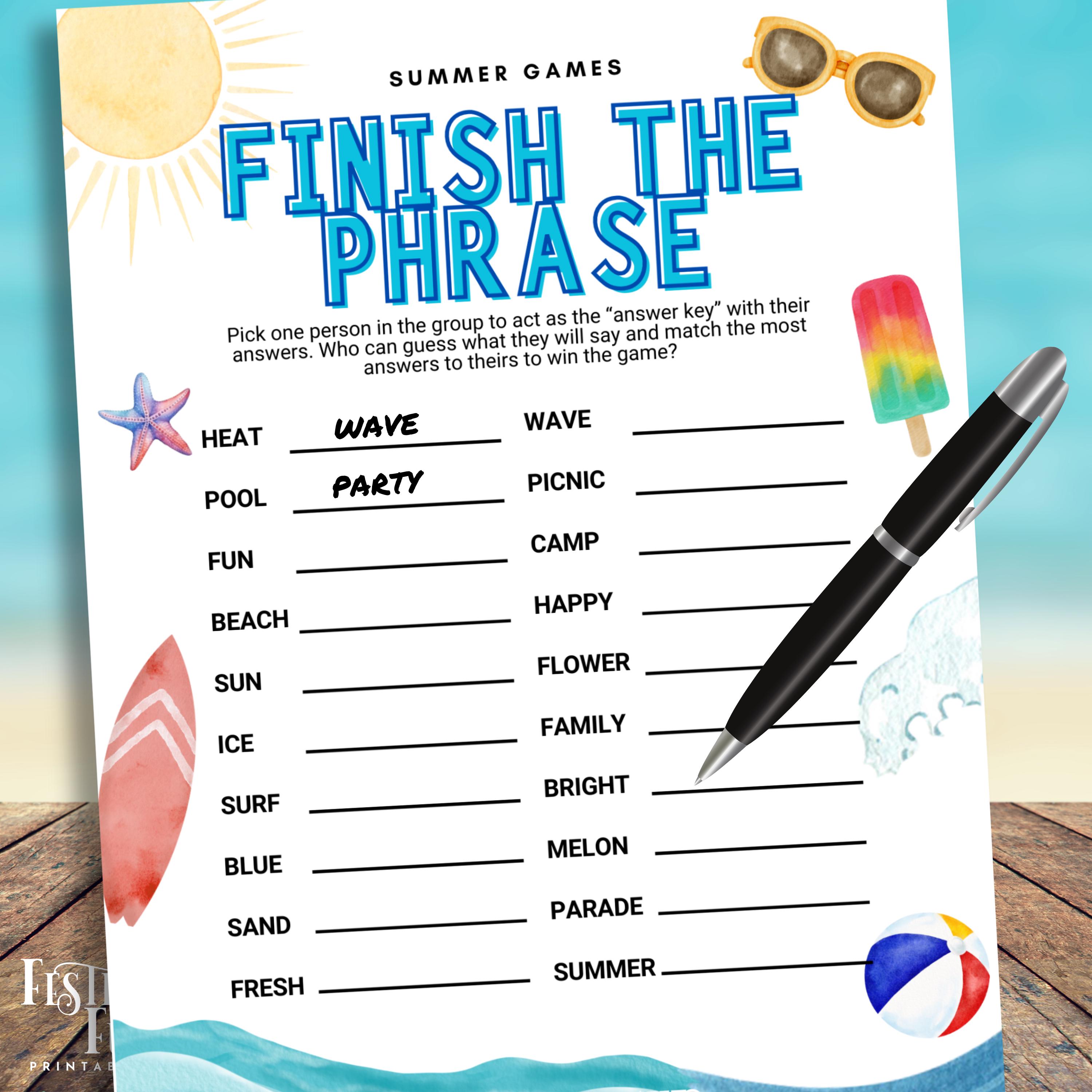 Finish the Phrase Summer Party Game, Mix and Mingle Friends or Family ...