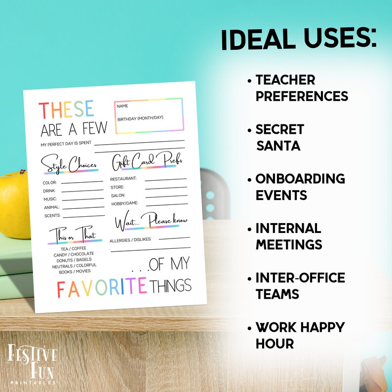 Teacher Favorite Things Questionnaire, Student Back to School Get to ...