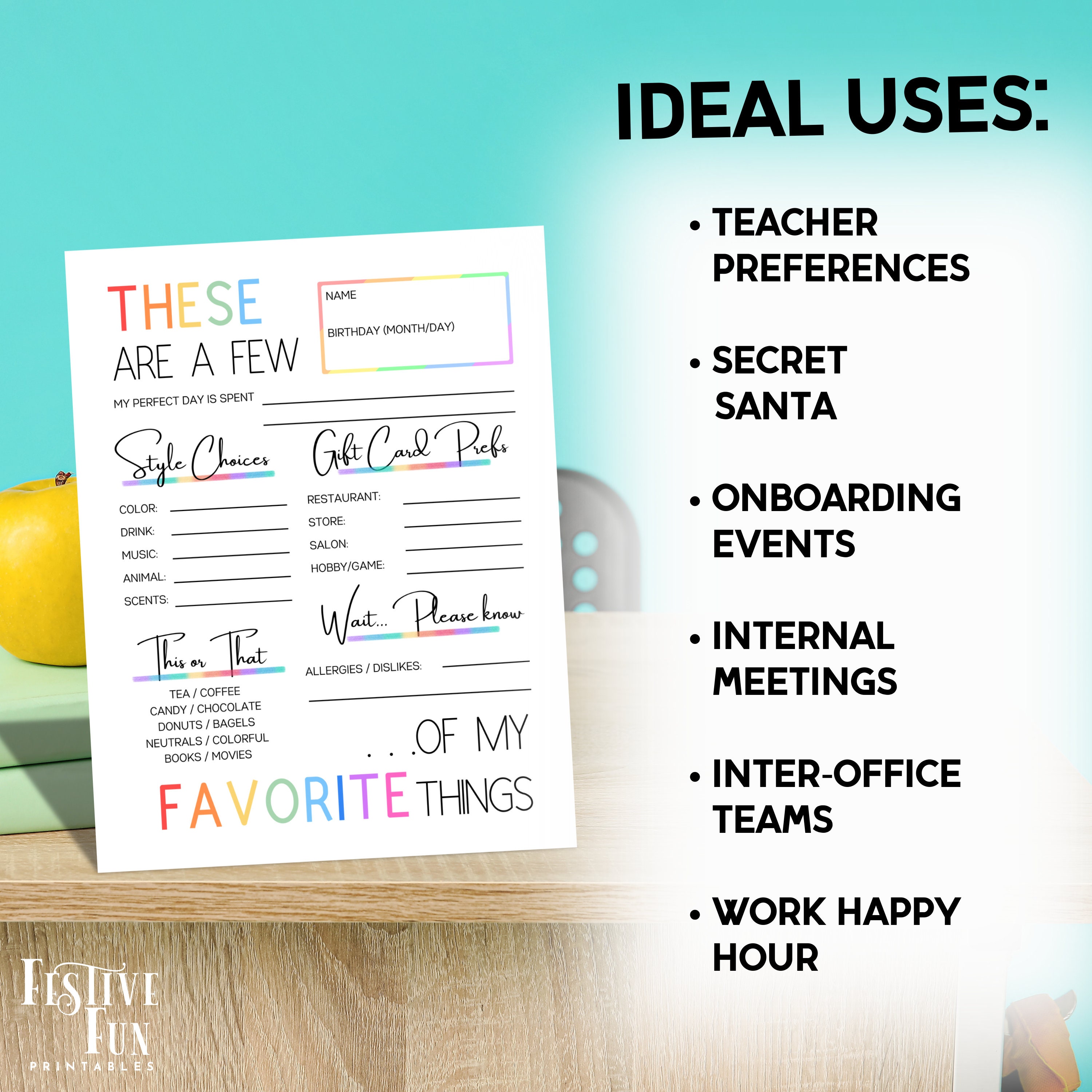Teacher Favorite Things Questionnaire, Student Back to School Get to ...