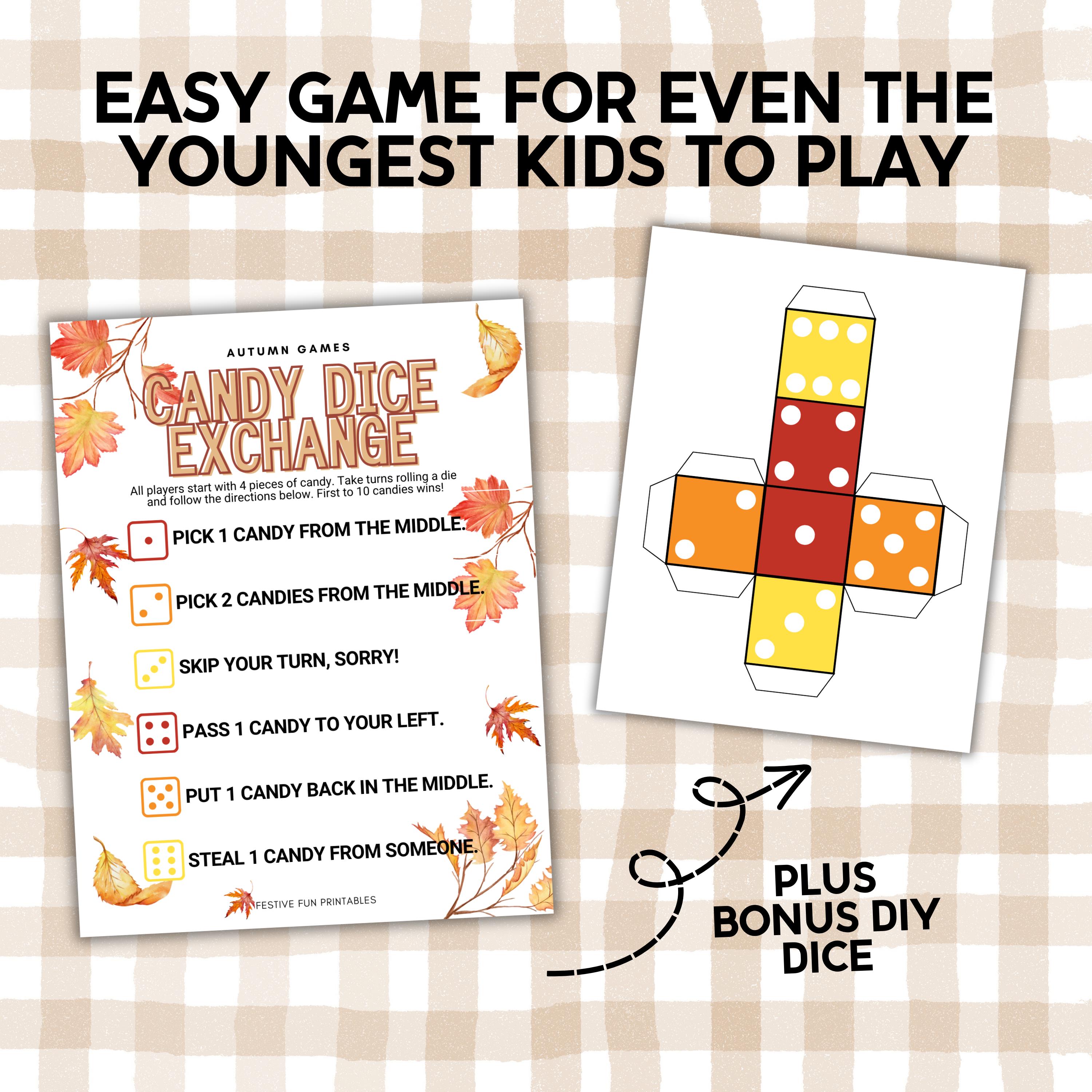 Fall Candy Dice Exchange, Easy Fun Roll the Dice Autumn Theme Games for ...