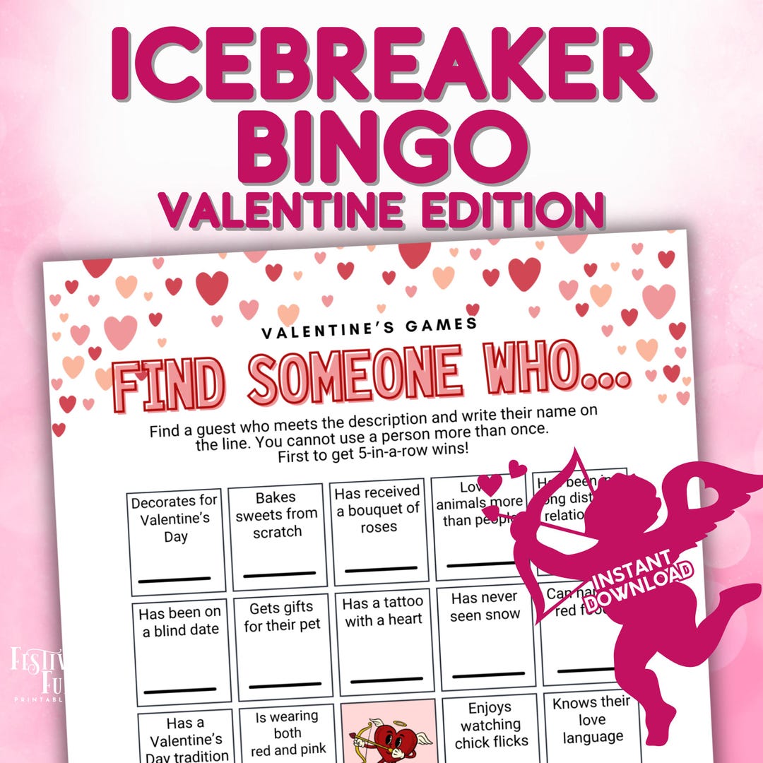 Find Someone Who Valentine's Day Bingo, Mix and Mingle Human Bingo ...