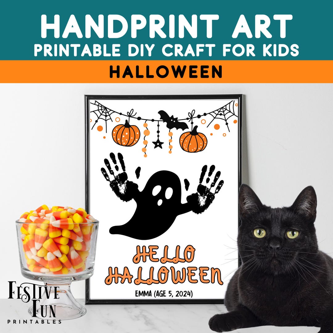Hello Halloween Cute Ghost Handprint Art for Kids, Fall Printable DIY ...