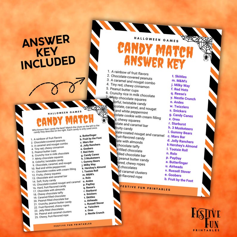 Candy Match Halloween Trivia, Chocolate Brands Matching Game, Group ...