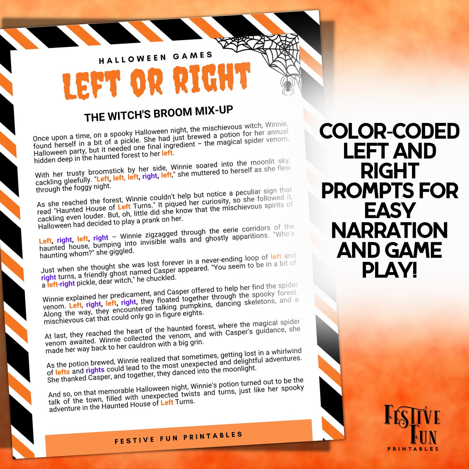 Witch's Broom Halloween Left Right Story, Printable Pass the Pumpkin or ...
