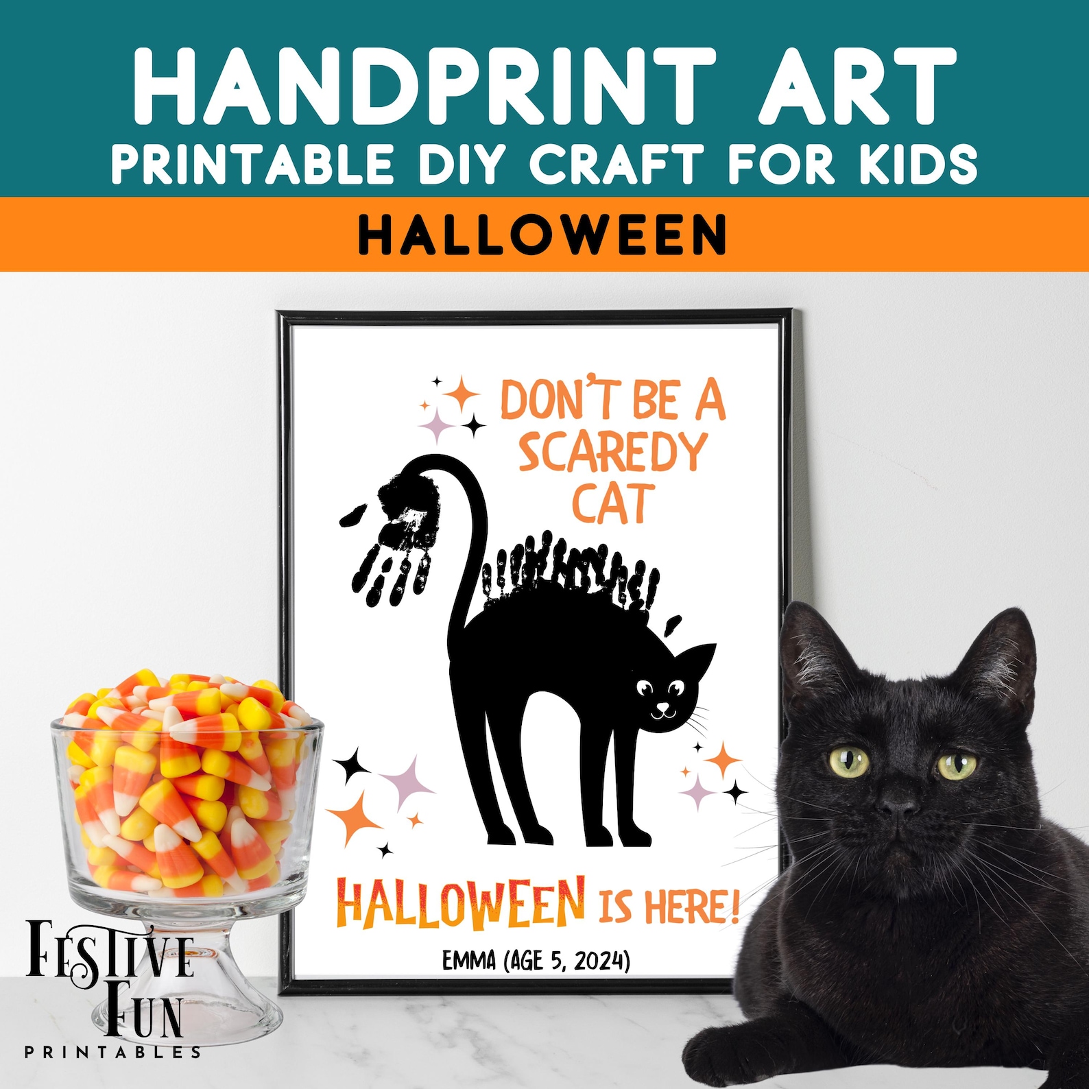 Halloween Scaredy Cat Handprint Art for Kids, Fall Printable DIY Finger ...