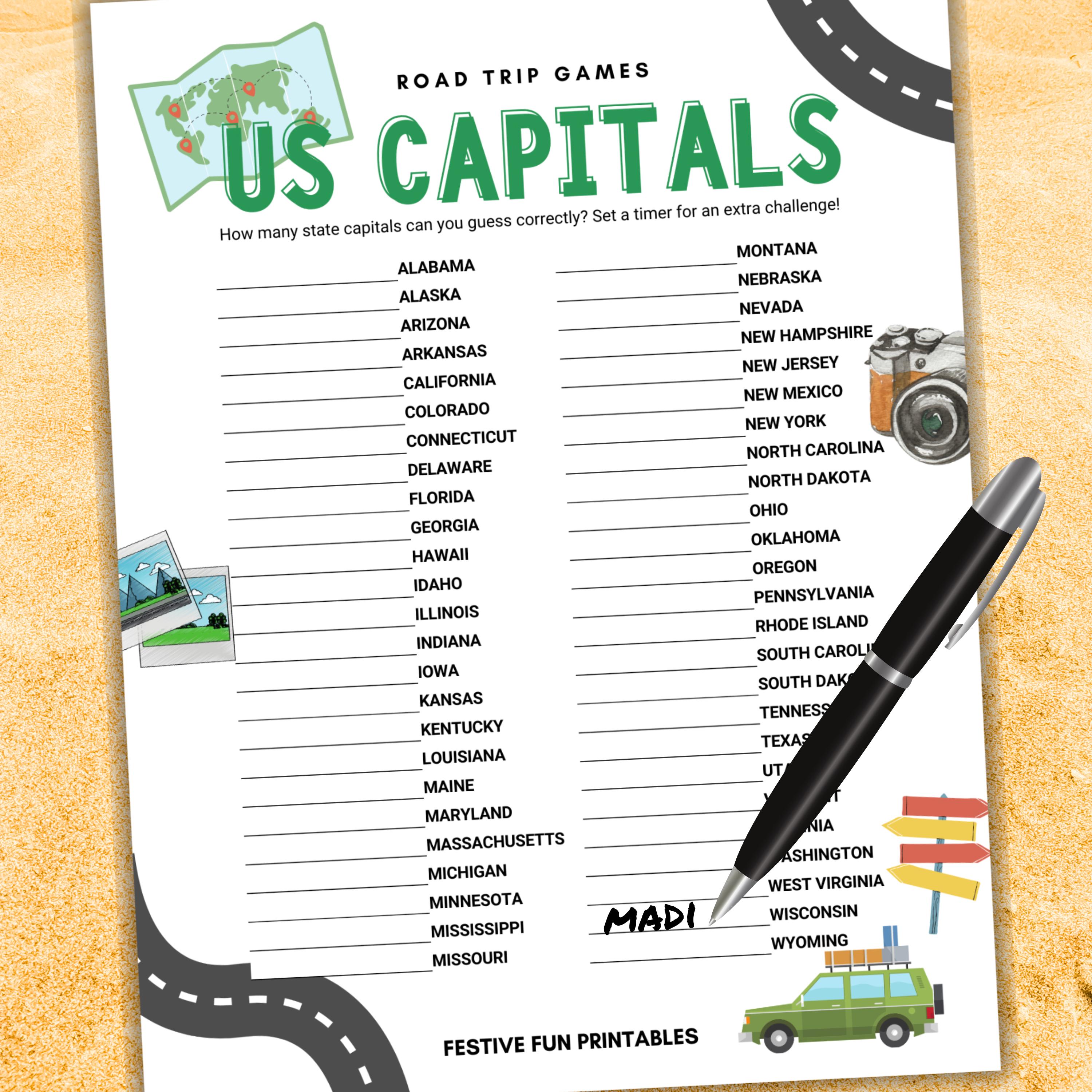 USA State Capitals Road Trip Challenge, Printable United States ...