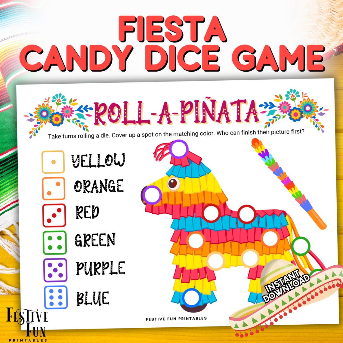 Fiesta Roll A Piñata Printable Game, Easy Piñata Theme Candy Dice Game ...