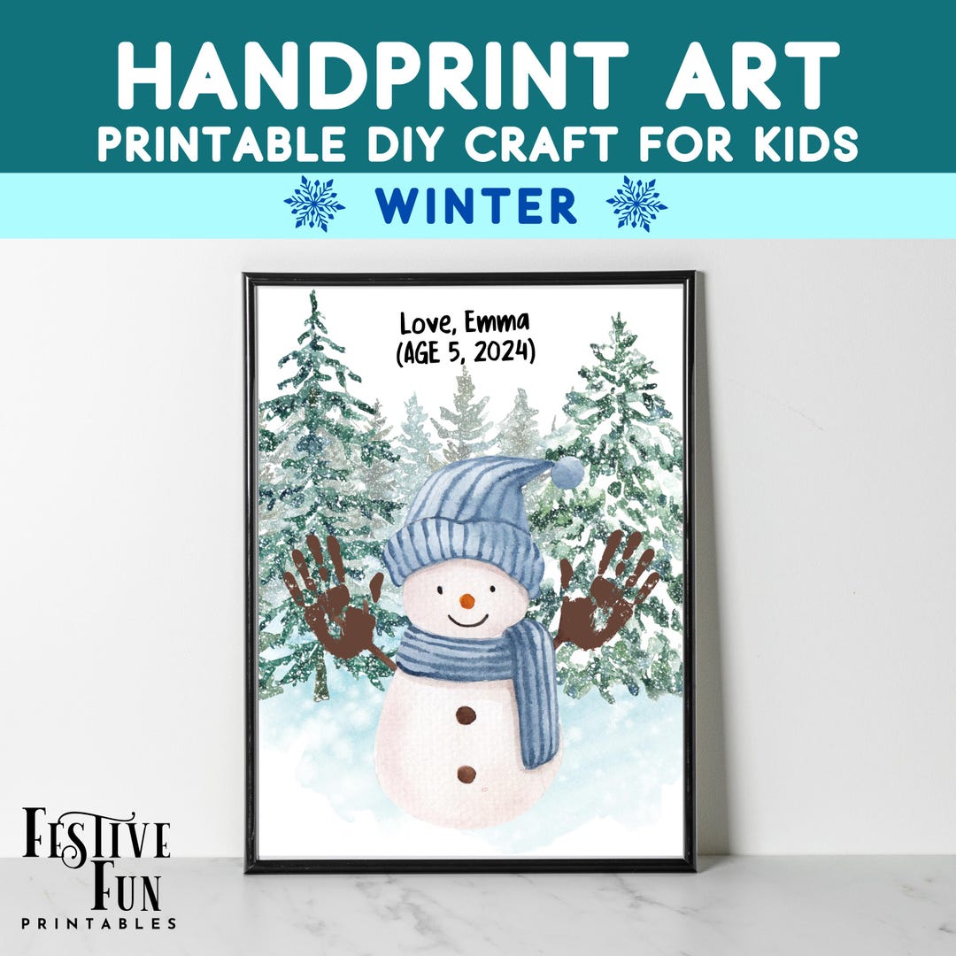 Snowman Handprint Art on a Watercolor Landscape, Printable Finger ...