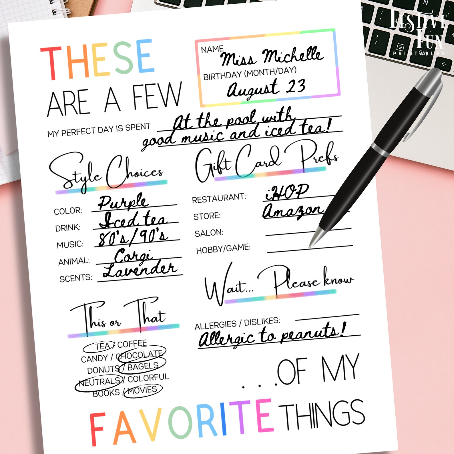 Teacher Favorite Things Questionnaire, Student Back to School Get to ...