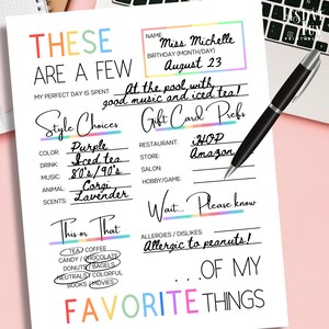 Teacher Favorite Things Questionnaire, Student Back to School Get to ...