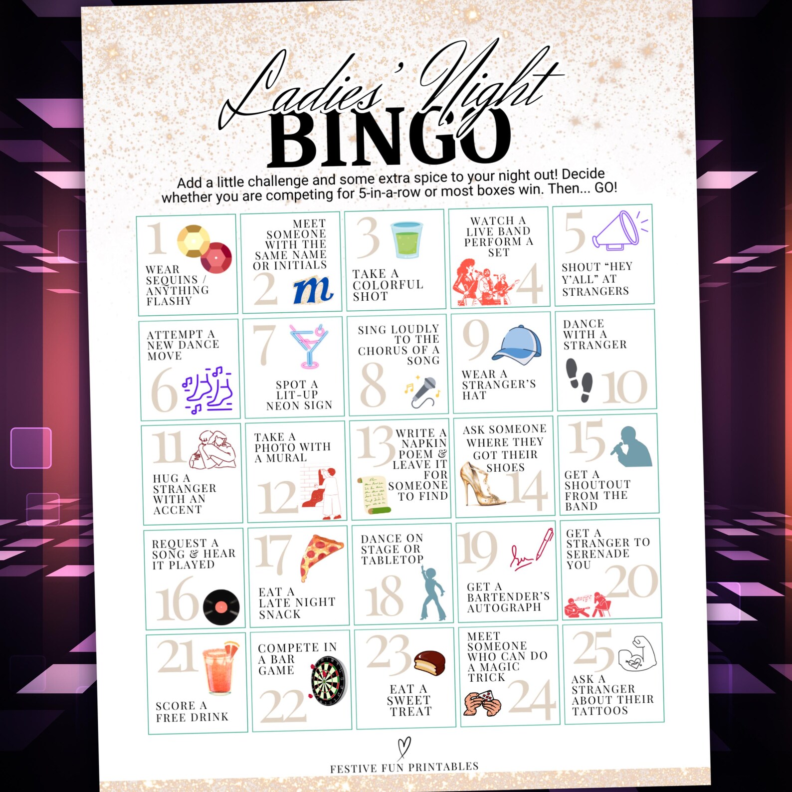 Ladies Night Bar Crawl Bingo, Women's Bar Scavenger Hunt Printable, Any ...
