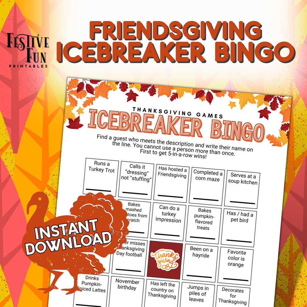 Friendsgiving Icebreaker Bingo Printable Game Card, Thanksgiving Mix ...