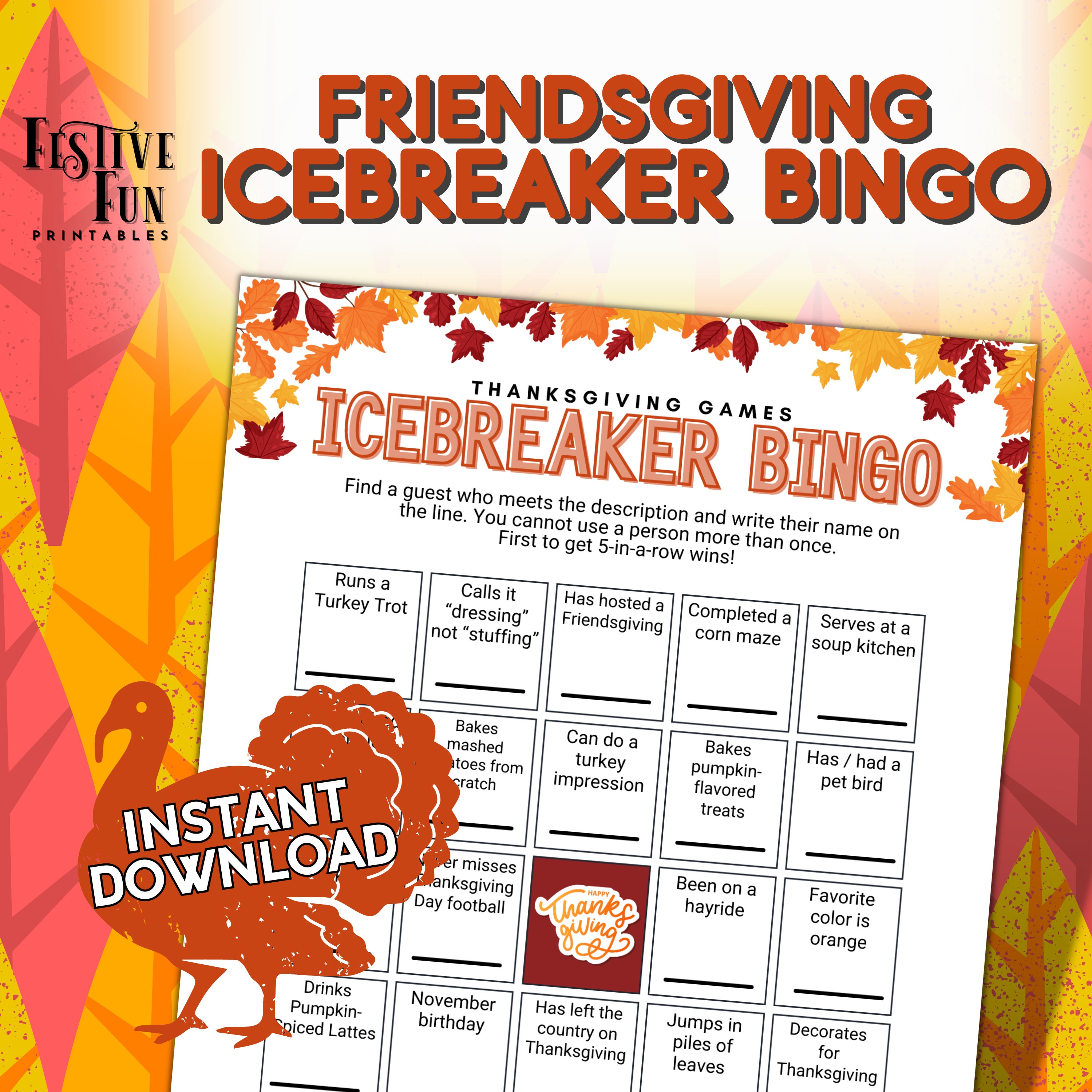 Friendsgiving Icebreaker Bingo Printable Game Card, Thanksgiving Mix ...