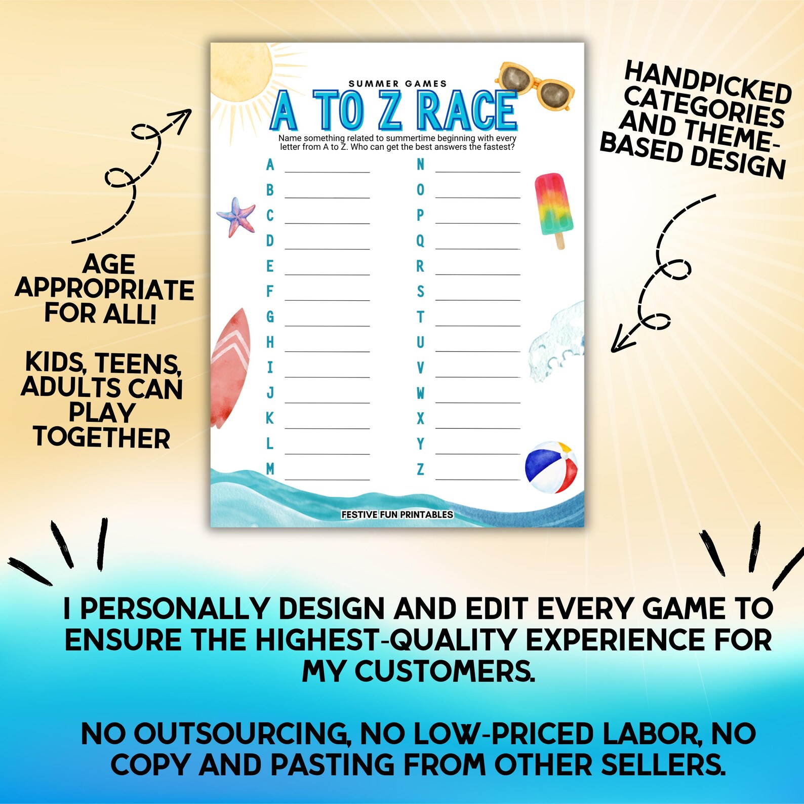 Summer A to Z Race Printable Game, Alphabetical Think Fast Word Game ...