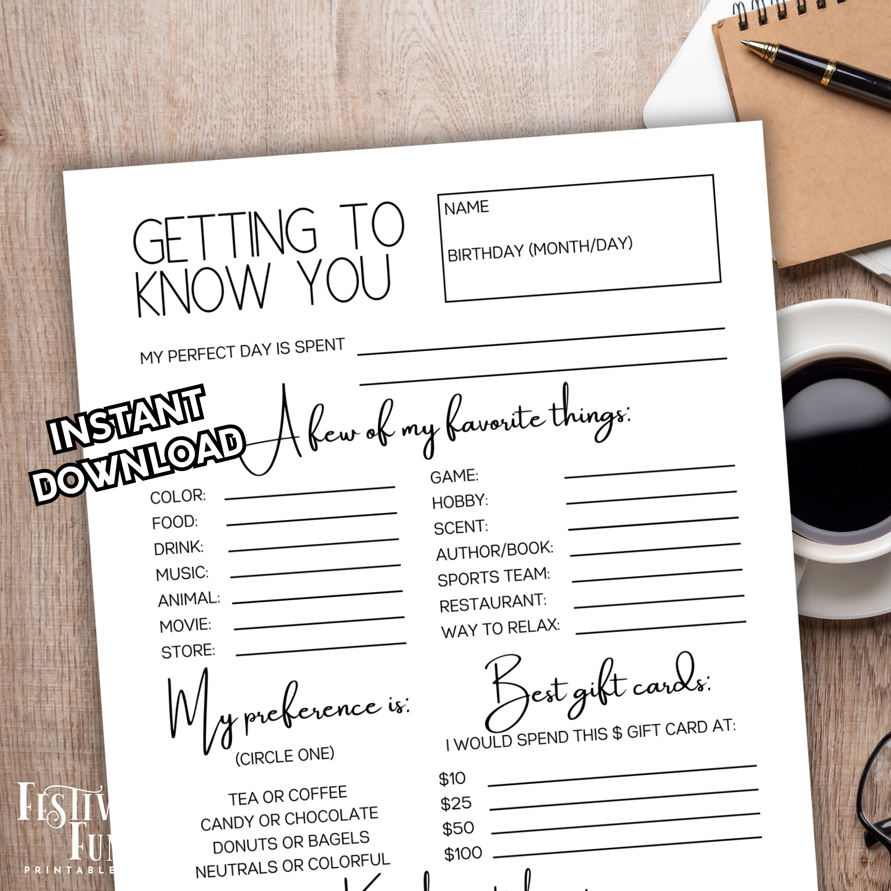 Favorite Things Questionnaire, Favorites List Survey for Employee ...