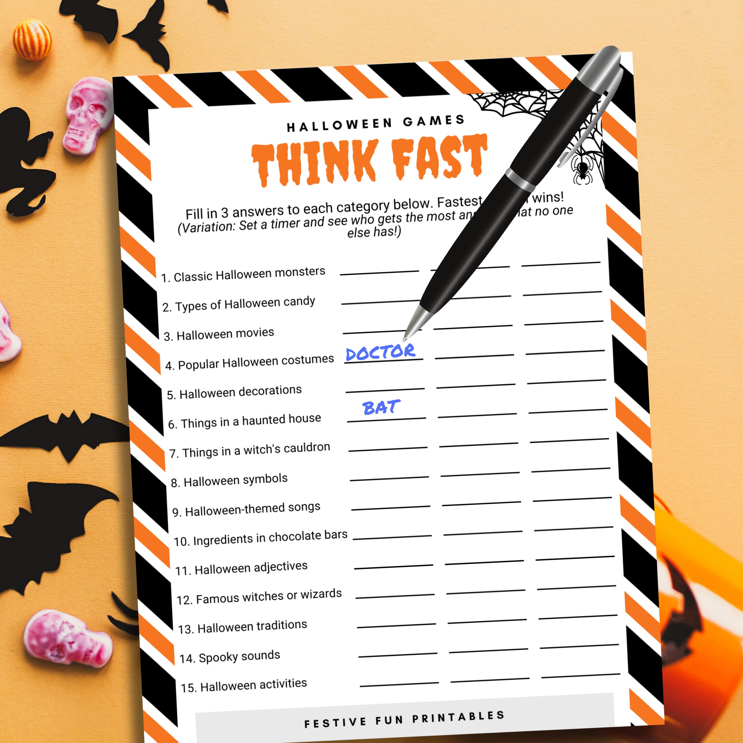 Think Fast Halloween Party Game, Name 3 Categories Trivia Word Game for ...
