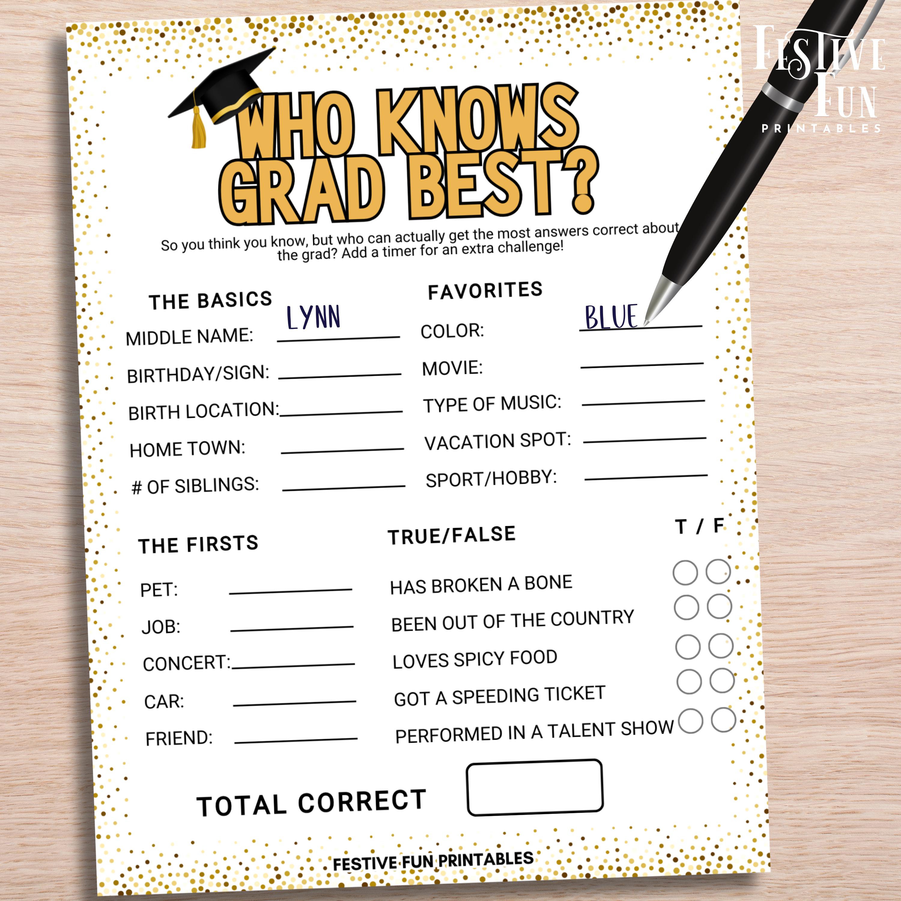 Who Knows Grad Best, Easy Graduation Activity, Modern Graduate Party ...